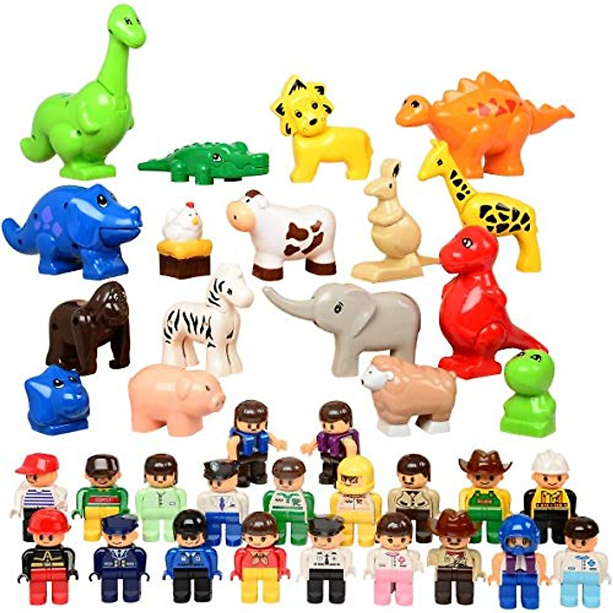 Constructive Playthings OX-37 Preschool Sized Interlocking Bricks Accessory Set Featuring People, Dinosaurs and Animals