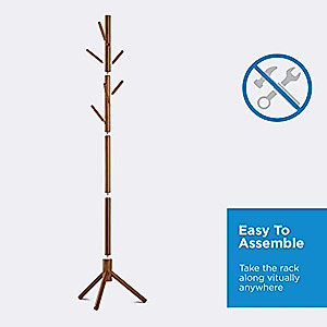 MELDEVO Wooden Tree Coat Rack Stand, 6 Hooks - Super Easy Assembly NO Tools Required - 3 Adjustable Sizes Free Standing Coat Rack, Hallway/Entryway Coat Hanger Stand for Clothes, Suits, Accessories