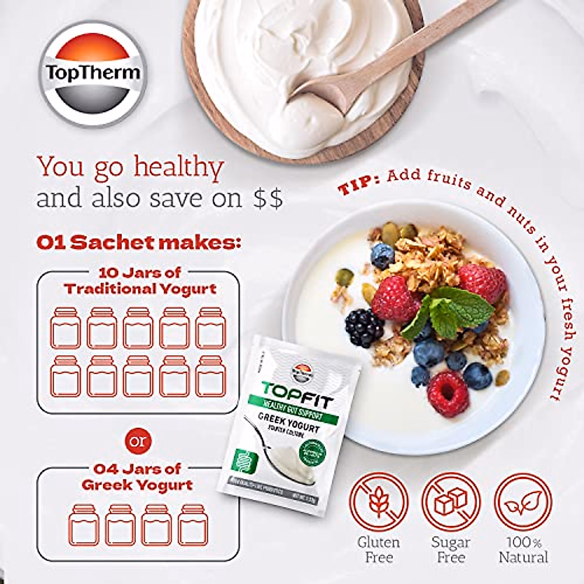 TopTherm Yogurt Maker - All you Need For Probiotic Plain & Greek Yogurt Maker- Fresh Homemade Yogurt- Probiotic Starter Culture, Container, Basket, Strainer, Temperature C- Non-BPA Plastic - Gut Support Starter