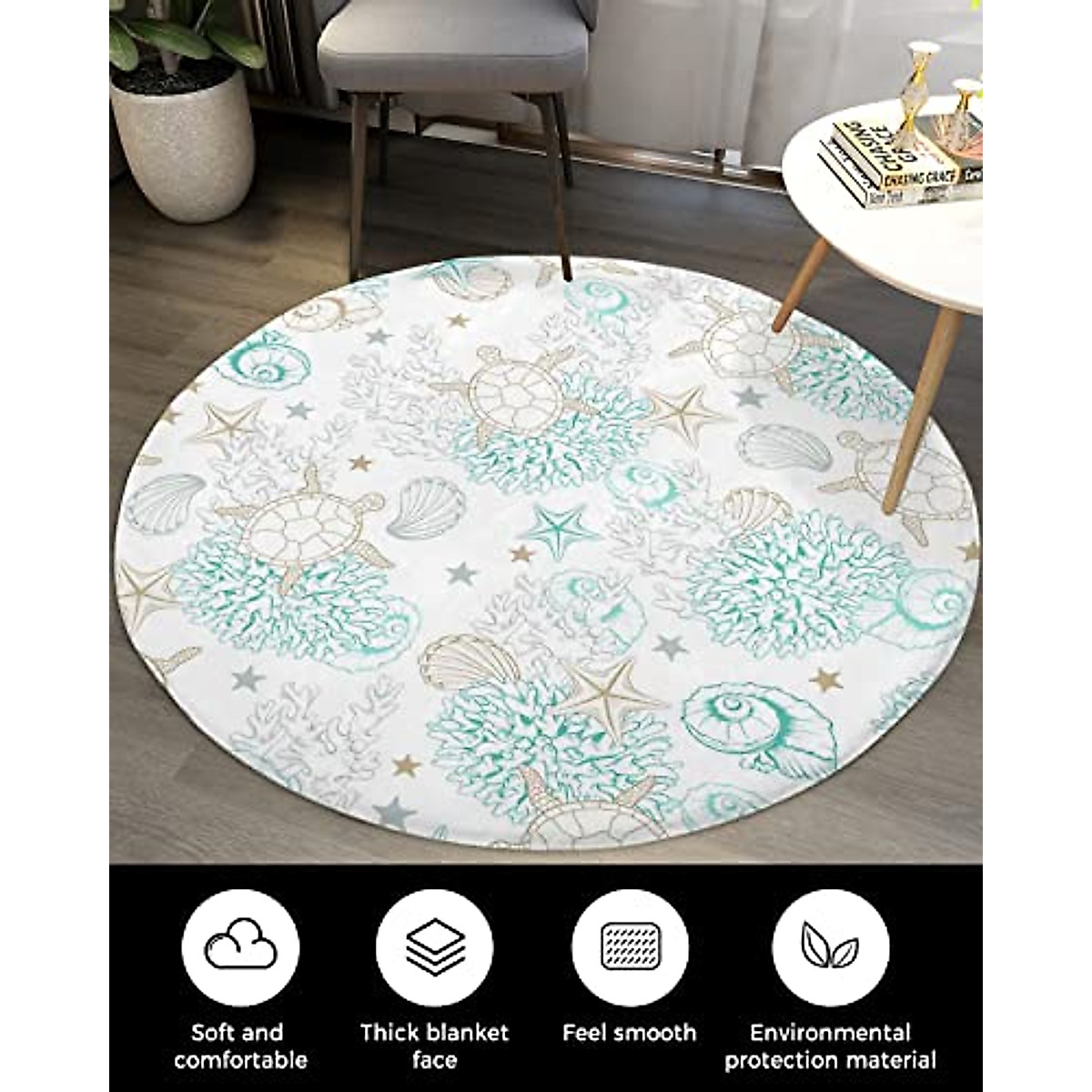 Round Carpet Plush Area Rug Ocean Cute Sea Turtle Coral Shell Starfish, Soft Shaggy Floor Mats Circular Furry Rugs Cartoon Art for Bedroom/Living Room/Nursery/Kids Room