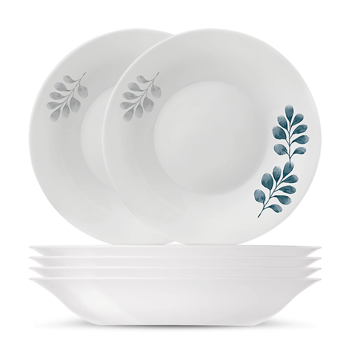 Bormioli Rocco Set Of 6, White Moon Botanica Blue 9 Inch Pasta Bowls Tempered Opal Glass Dishes, Dishwasher & Microwave Safe, Made In Spain.