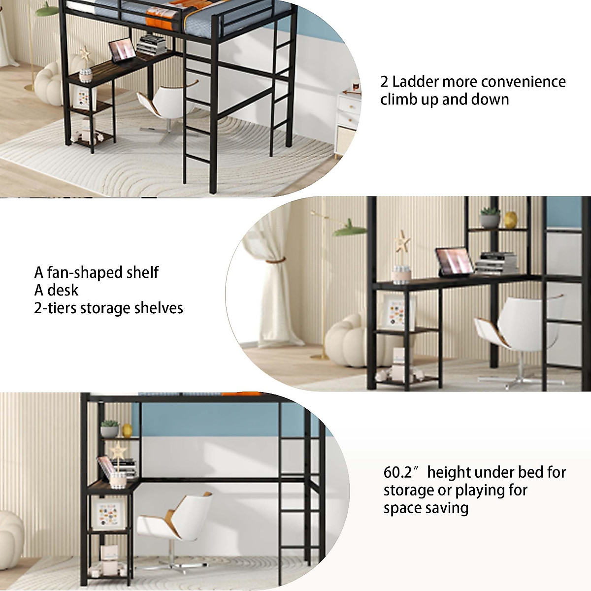 Bellemave Full Size Loft Bed with Desk, Metal Loft Bed Frame with Storage Shelves, Heavy-Duty Kids Loft Beds with Ladder & L-Shape Desk for Boys Girls Teens, Black