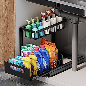 SVAPO Sliding Under Sink Organizers and Storage,2 Tier Organizers and Storage for Bathroom Under Sink Organizer Black Cabinet Organizer for Kitchen Organization