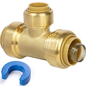 JUWO 3/4"x 3/4" x1/2" Reducing Tee for PEX, Copper, CPVC Pipe, Push to Connect Brass Plumbing Fitting with Disconnect Clip (1 Pack)