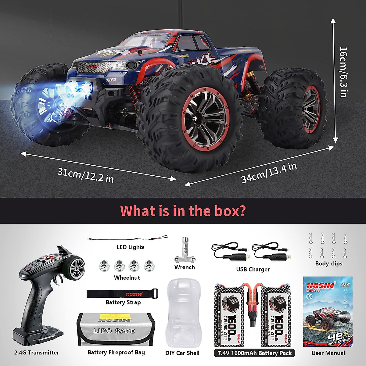 Hosim 1:10 Large Size 48+ KMH 4WD High Speed RC Monster Trucks,Hobby Grade RC Cars for Adults Boys Remote Control Vehicle 2 Batteries for 40+ Min Play Gift for Kids(Blue)