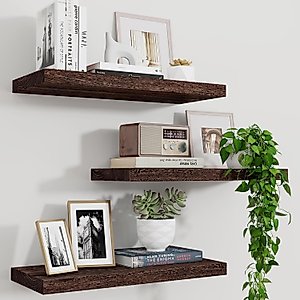 Marsmiles Wood Floating Shelves for Wall Set of 3, 17 Inch Wide Rustic Wooden Floating Shelves, Invisible Wall Mounted Display for Living Room Bedroom Kitchen Bathroom Office, Rustic Brown