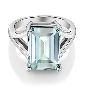 Gem Stone King 925 Sterling Silver Sky Blue Simulated Aquamarine Ring For Women (6.64 Cttw, Emerald Cut 14X10MM, Available in size 5, 6, 7, 8, 9)