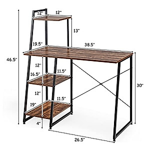 Tangkula Computer Desk with 4 Tier Shelves, Writing Desk Study Desk, Compact Computer Desk Workstation with X-Shaped Metal Frame & Adjustable Foot Pads, Home Office Desk (Brown)