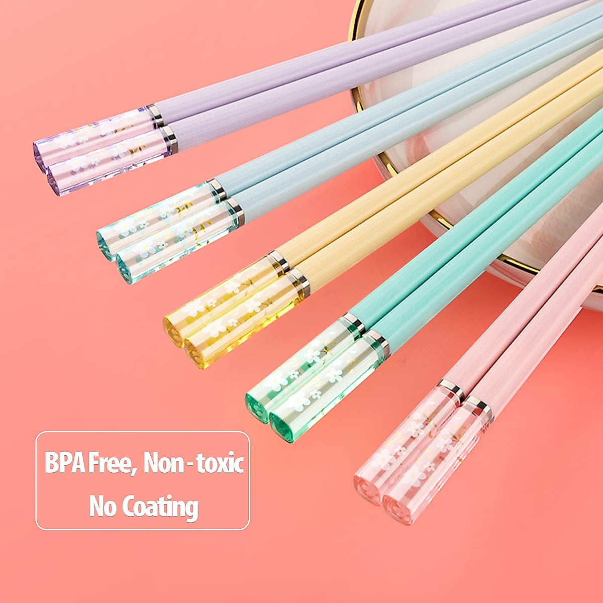 Chopsticks Reusable Dishwasher Safe, 9.63 inch/24.3cm Fiberglass Non-Slip Chop Sticks, Chinese/Japanese Chop Sticks for beginners, Sakura Chopsticks Colorful- 5 Pairs