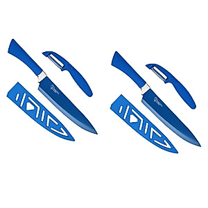 Diamond Gourmet Sharp Knife and Peeler Set Diamond Infused Chef Knife Stainless Steel 8 inch (Comes in a brown box)(Pack of 2 sets) - 4pcs Cobalt Blue