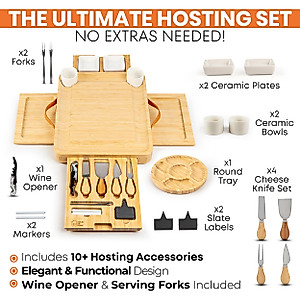 Cheese Board - 2 Ceramic Bowls 2 Serving Plates. Magnetic 4 Drawers Bamboo Charcuterie Cutlery Knife Set, Round Tray, 2 Forks, Wine Opener, Labels, Markers, Gift for Birthdays, Weddings, Housewarming