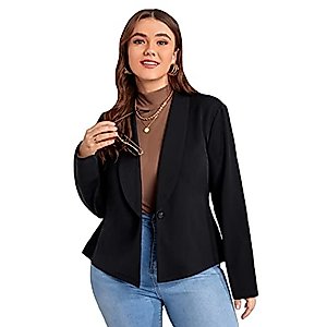 WDIRARA Women's Plus Size Button Ruffle Hem Long Sleeve Office Blazer Jacket Black 1XL