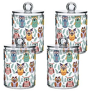 Kigai 2PCS Cute Owls Qtip Holder Dispenser with Lids - 14 oz Bathroom Storage Organizer Set, Clear Apothecary Jars Food Storage Containers, for Tea, Coffee, Cotton Ball, Floss