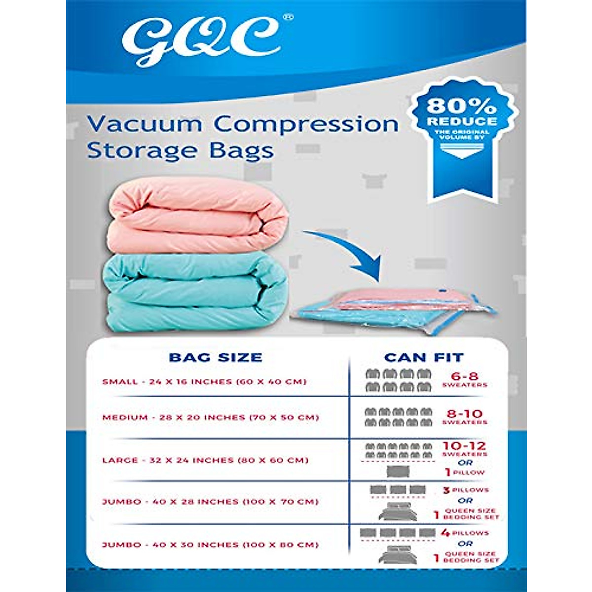 GQC Vacuum Storage Bags, Works with Any Vacuum Cleaner,to Store Clothes and beddings,Could Save Your Space,dust-Free,Keep Away from Moisture (Small 6(60X40) CM)