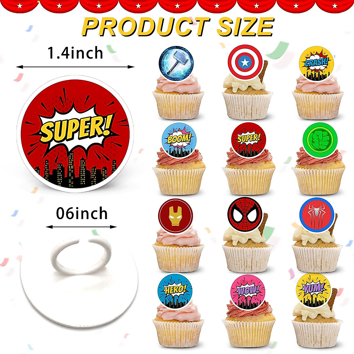Superhero Cupcake Topper Birthday Party Favor, Superhero Cup Cake Decorations Supplies Finger Rings Gift for Anime Fans Kids (Superhero)