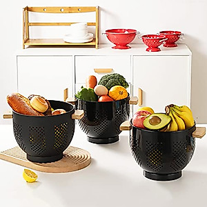 Metal Colander with Wood Handle, Powder Coated Steel Large Kitchen Strainer Stable Base (5.5 quart, MatteBlack)