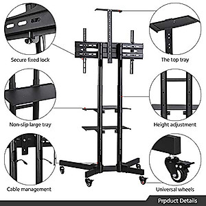 Yaheetech Mobile TV Stand, Adjustable Rolling TV Cart w/ Locking Wheels for 32-75" LCD LED Plasma Flat Panel Screen TV up to 110LB, Portable TV Cart Stand w/ Flexible Laptop Shelf, Max. VESA 600x400
