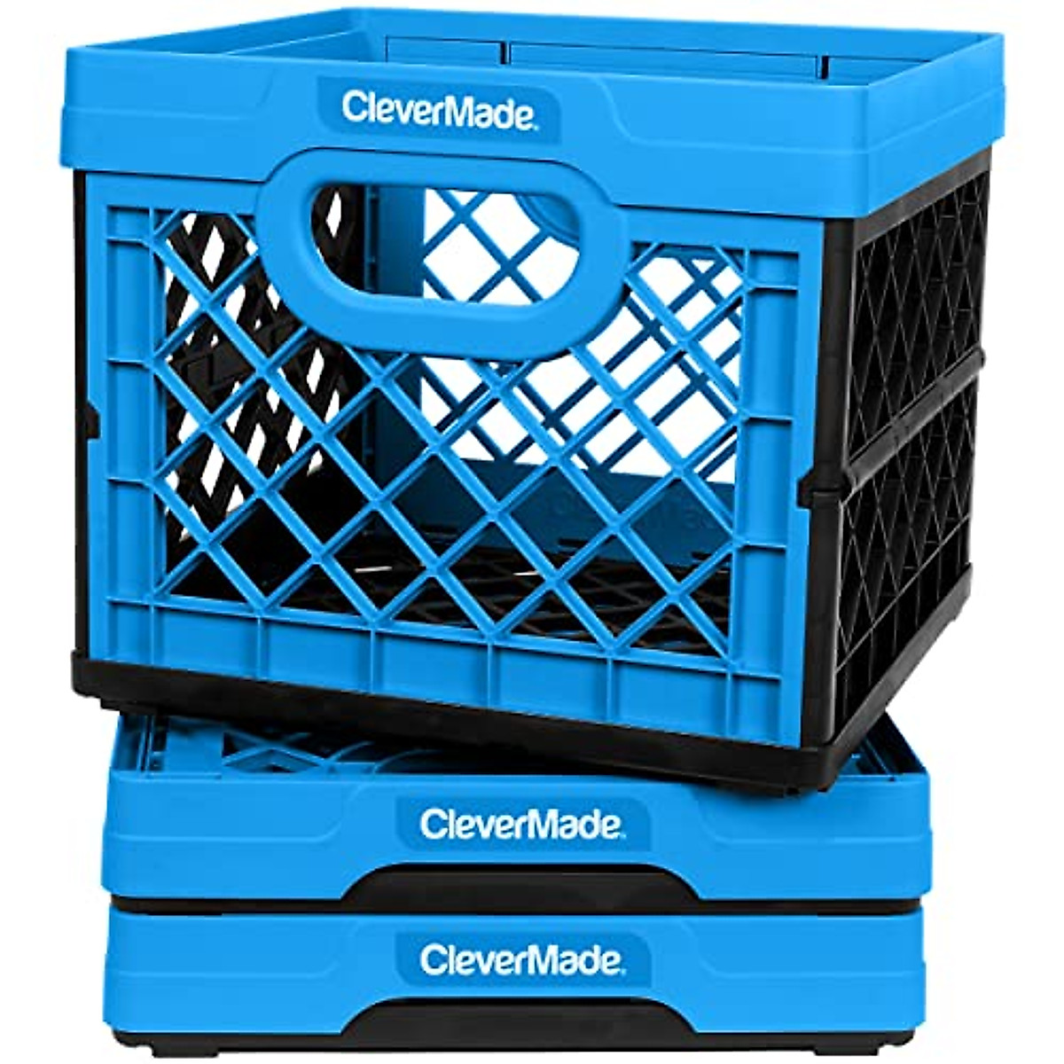 CleverMade - 8034119-21843PK 62L Collapsible Storage Bins, 3 Pack, Neptune Blue & Milk Crates, 25L Plastic Stackable Storage Bins CleverCrates Utility Folding Baskets, Pack of 3, Blue