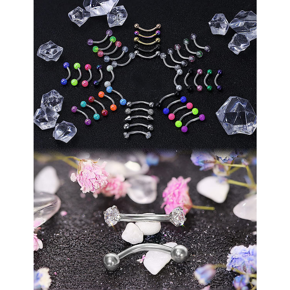 Hoeudjo 40Pcs 16G Eyebrow Piercing Rook Earrings Daith Piercing Jewelry Curved Barbell Kit Surgical Steel Tragus Vertical Lip Rings for Women Men 8mm (5/16")