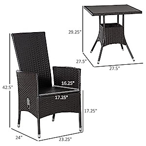 Outsunny 3 Piece Patio Bistro Set, Outdoor PE Wicker Furniture Conversation Set with Tufted Cushion Reclining Chairs & Coffee Table for Backyard, Lawn, Porch, Poolside, Balcony, Cream White