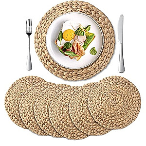 YANGQIHOME 6 Pack, Round Woven Placemats, Natural Water Hyacinth Place mats, Braided Straw Table Mats for Dining Table (13.8 inch)
