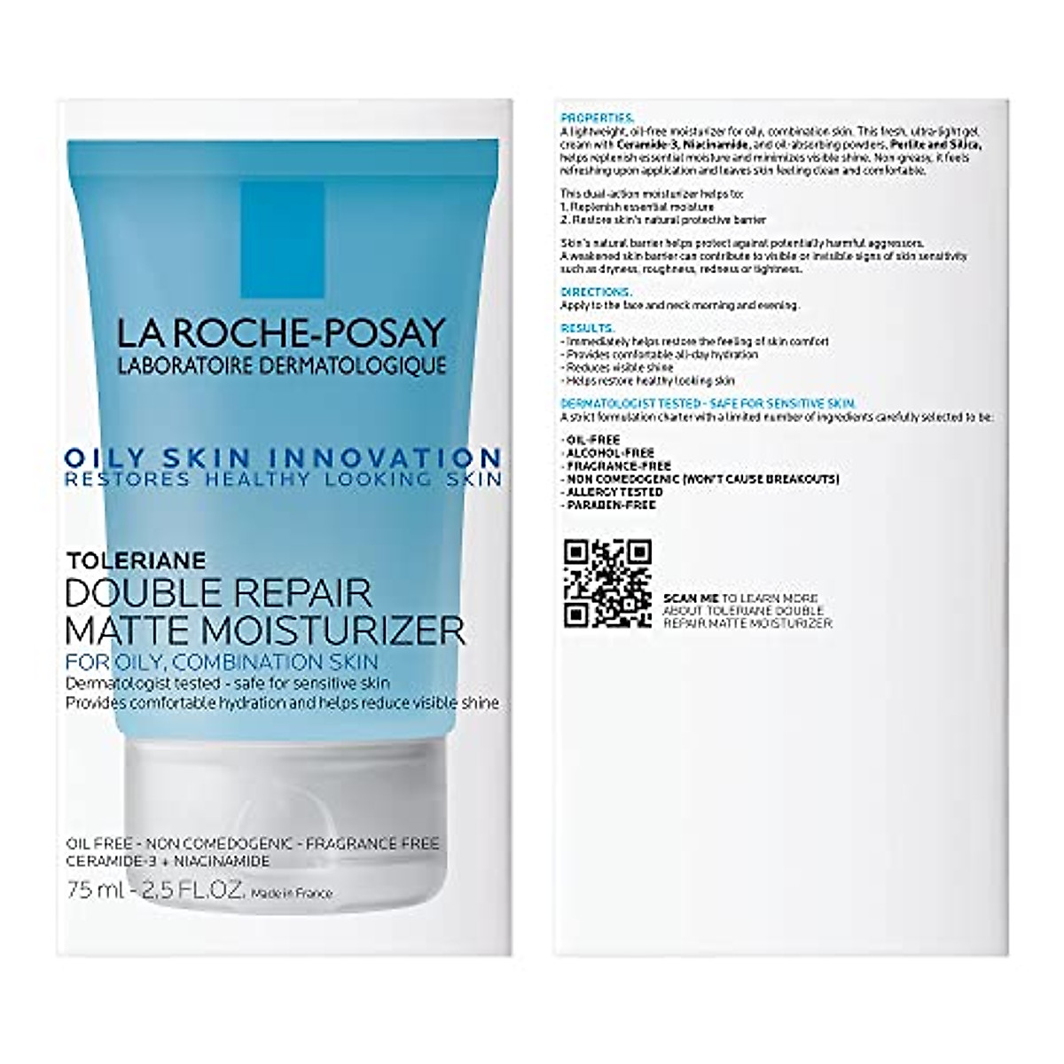 La Roche-Posay Toleriane Double Repair Matte Face Moisturizer, Daily Gel Moisturizer For Oily Skin Control with Niacinamide, Oil-Free, Non-Comedogenic, Moisturizing for Sensitive Skin