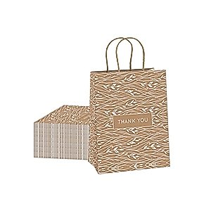 Purple Q Crafts Thank You Gift Bags 50 Pack 8" X 4" X 10" Small Paper Bags With Handles Brown Floral Design Thank You Bags For Business, Boutique, Gifts, Wedding Favors