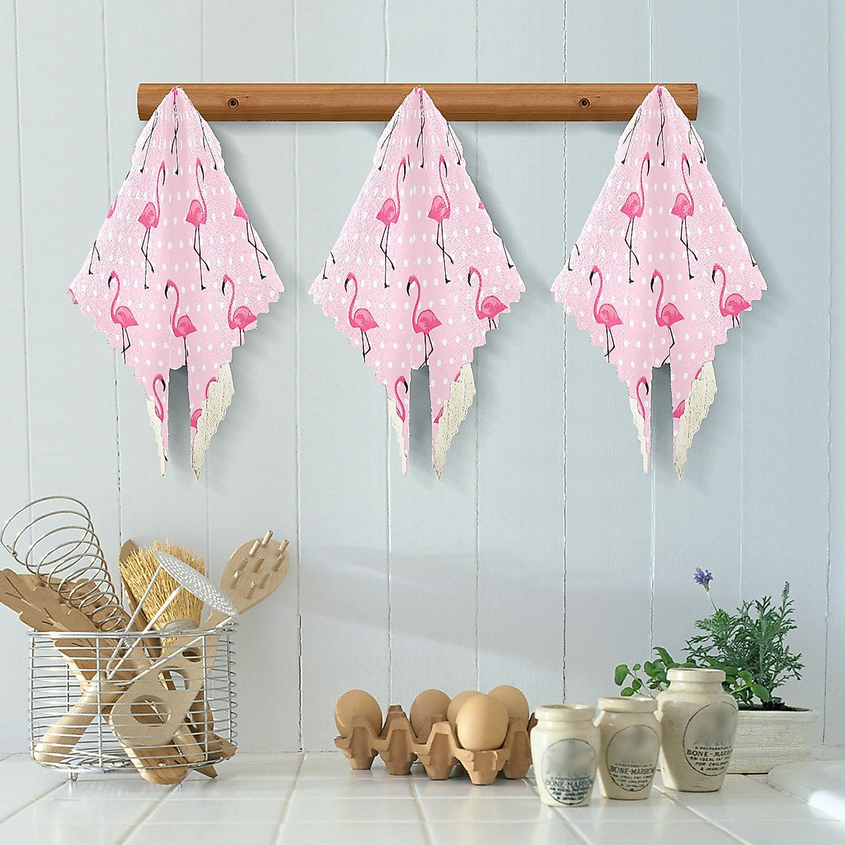 Kigai Pink Flamingos and Dots 11×11 Inches Polyester Flannel Six-Piece Multifunctional Kitchen Dishcloth Soft Absorbent Towel Dishcloth Tea Towel Square Towel