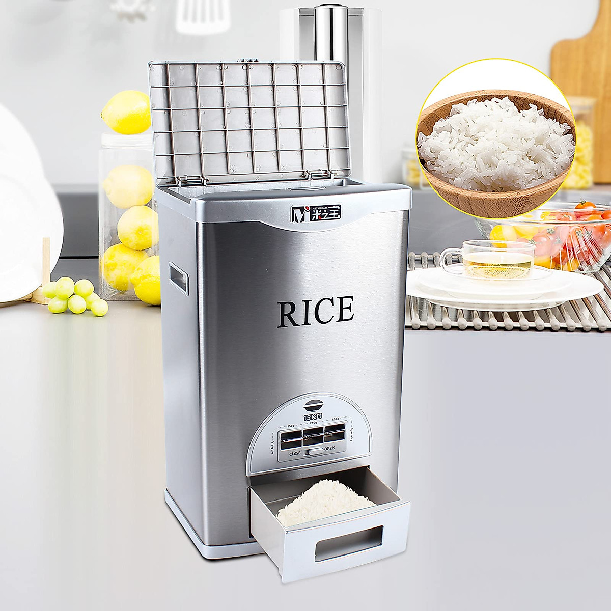 Auto Rice Dispenser, 15kg/33lb Capacity Rice Storage Container Stainless Steel+ABS Large Grain Dispenser 100g/150g/250g Automatic Rice Dispenser for Small Grains, Beans, Rice (Rice not included)
