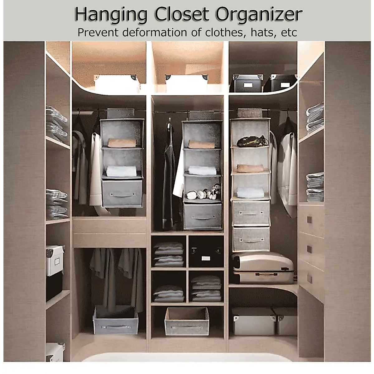 Hanging Closet Organizer with Drawer,Easy Mount Foldable 3-Shelf Closet Hanging Storage Shelves for Clothes Handbag Shoes Accessories Storage,Space Saver,Gray