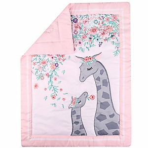 Jupeollon Crib Sets for Girls Giraffe Floral Baby Nursery Crib Bedding Set for Girl Toddler 4Piece Included Crib Comforter Fitted Sheet Crib Skirt Blanket Pink White