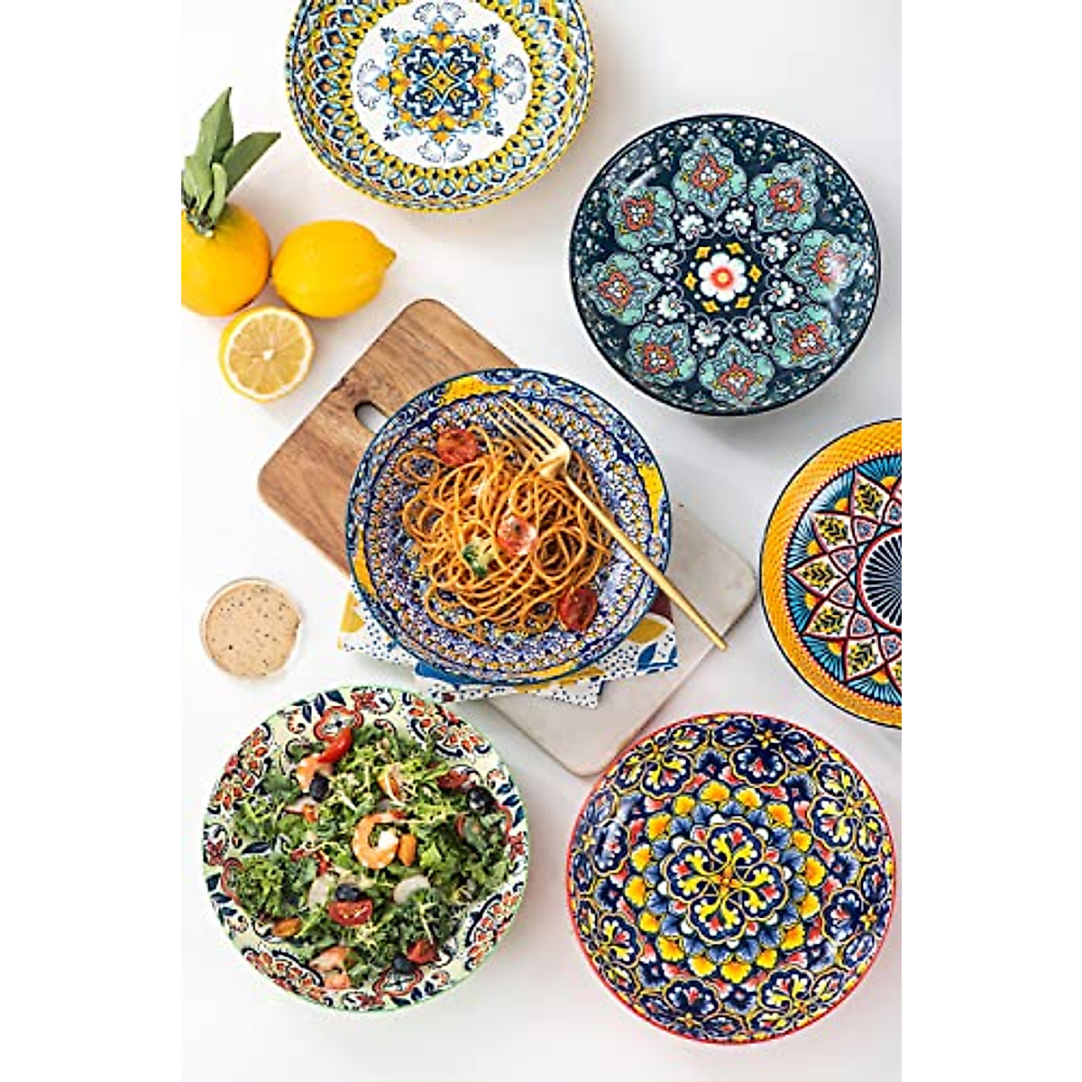 HENXFEN LEAD Pasta Salad Bowls Set of 6, Wide and Shallow Serving Dishes 27 Oz - 8 Inch Porcelain Soup Plates for Dinner, Kitchen and Eating - Bohemian style