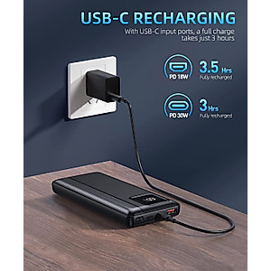 Power-Bank-Portable-Charger - 16000mAh Power Bank Support PD 30W and QC4.0 Fast Charger with Built-in 2 Output Cable and LED Display for iPhone and Android Phones and Most Electronic Devices