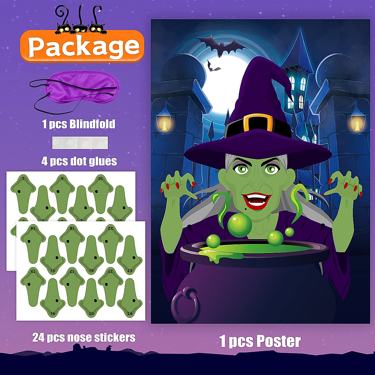 Halloween Party Games for Kids Pin the Nose on The Witch Game Hocus Pocus Games for kids ​Halloween Hocus Pocus Party Activities Decorations Pin The Tail Game for Halloween Themed Party Favors
