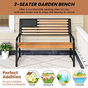Tangkula 50” Outdoor Garden Bench, 2-Person Metal Patio Chair with Flag Pattern Backrest & Rustic Wood Grain Finish, Patriotic Bench with Arms for Porch, Deck, Park, Brown & Black