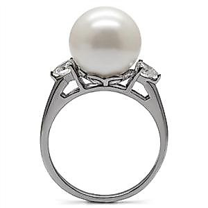 Eternal Sparkles Simulated Round White Pearl with Clear CZ Accent Stainless Steel Cocktail Ring
