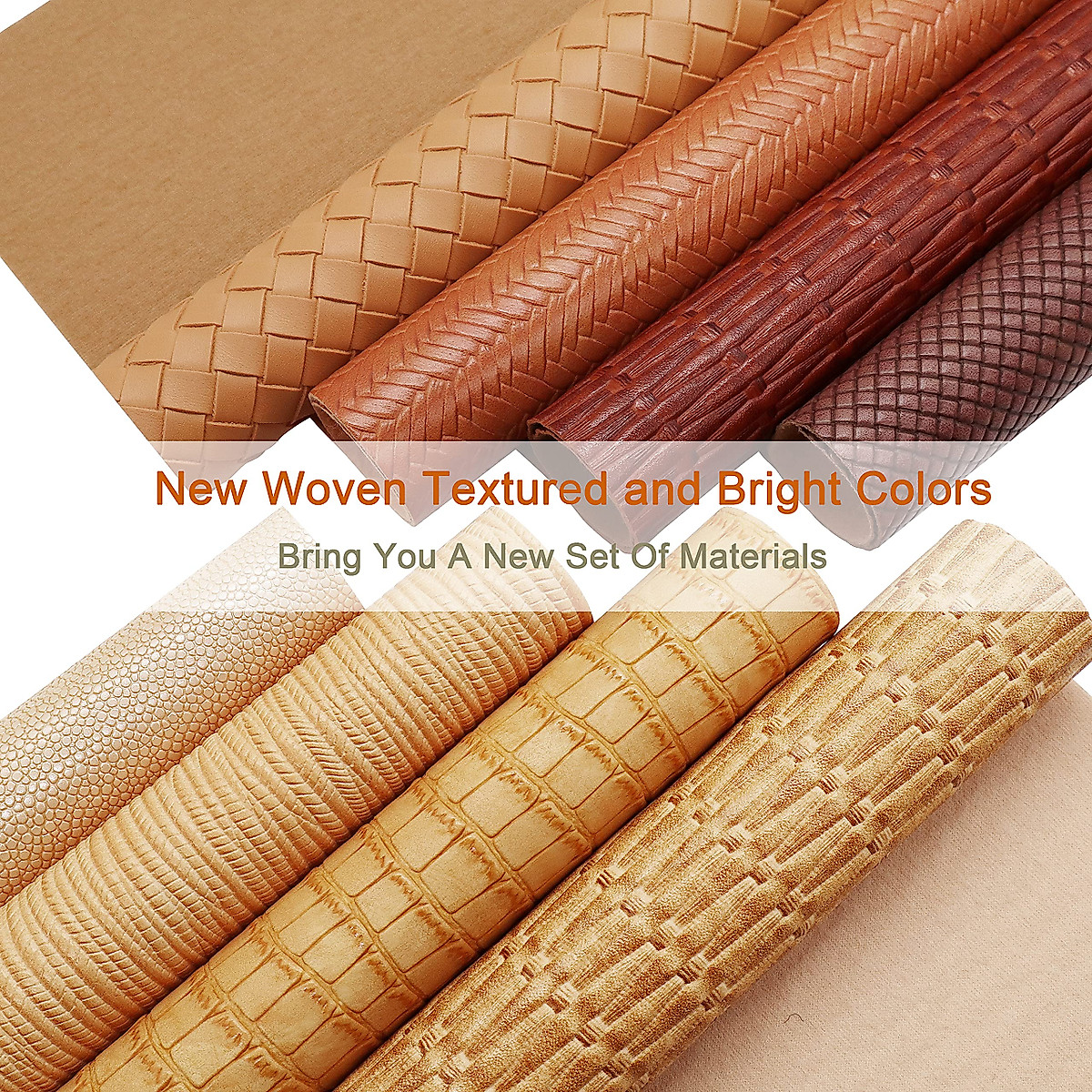 LOTOFUN 8Pcs/Set New Weave Embossed Textured Faux Leather Sheets Yellow Brown Series Mixed Woven Lattice Striped Vinyl Fabric A4 8 x 12Inch Fall Bohemia for Earrings Hair Bows DIY Crafts