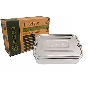 MORE-ECO Stainless Steel Leak Proof Bento Box With Three Sections And 50 Ml Dip Container. 1200 ML Stainless Steel Lunch Box Dishwasher Safe Silver 18.5 CM X 13 CM X 5.5 CM