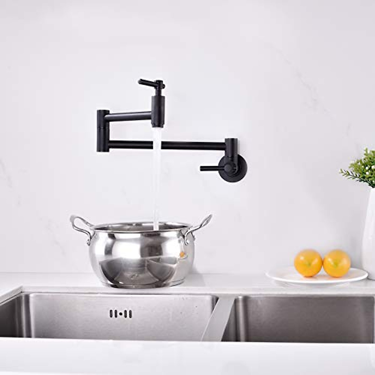 BZOOSIU Pot Filler Faucet Wall Mount, Double Joint Swing Arms Solid Brass Folding Faucet, Single Hole Two Handles Wall Mount Kitchen Faucet, Matte Black