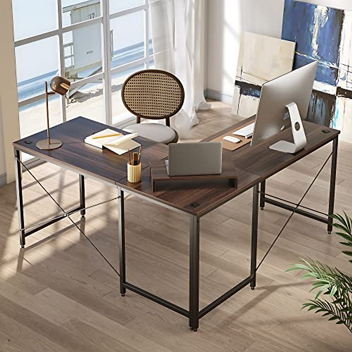 Bestier L Shaped Desk Computer Long Desk Reversible Corner Desk for Home Office Large Craft Table U Shaped 2 Person Gaming Workstation with Monitor Stand 3 Cable Holes L Desk, Brown