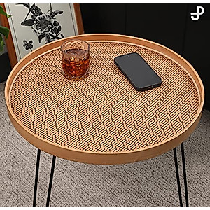 [PJ Collection] Round Wood and Rattan Side Table, Foldable Table with Metal Tripod, Rattan Round Tray Top, Boho Style, Chic Coffee Table, Side Table (Height 17.7", Grid Knit Pattern)