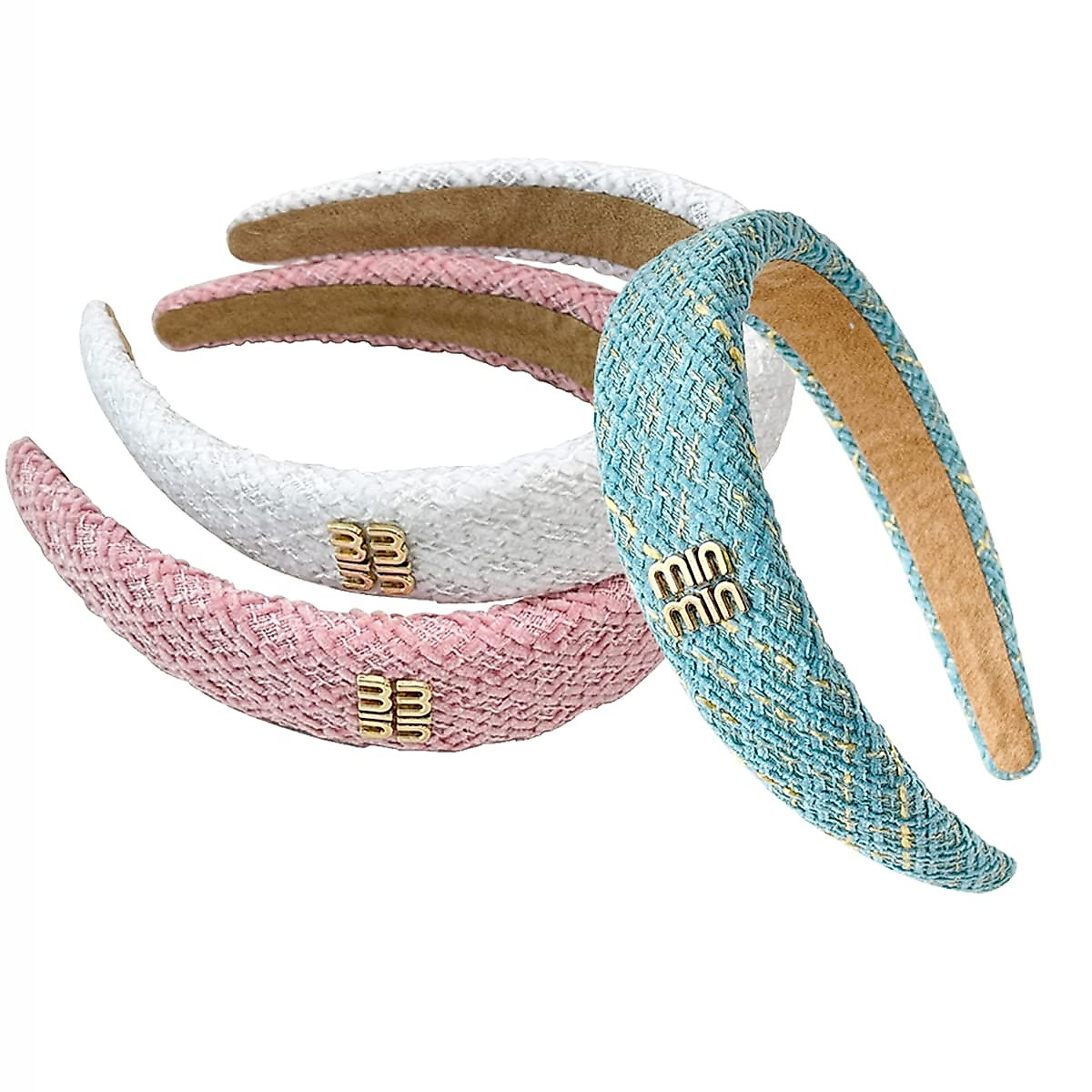 Yazon 3pcs Padded Headbands for Women Girls Solid Fabric Hairbands White Pink Blue Hair Hoops Hair Accesorries (Model B)