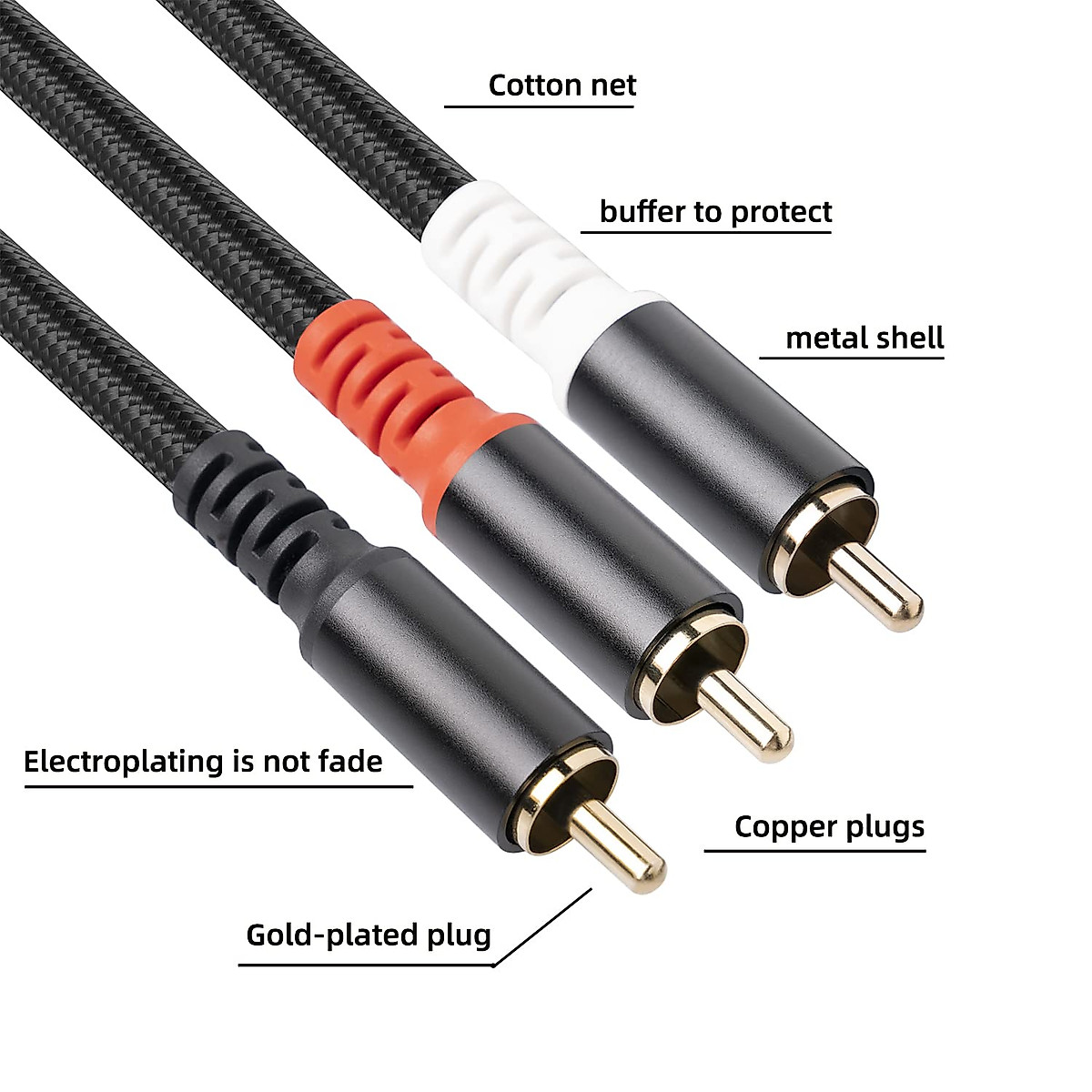 REXUS RCA Connector Audio Cable Male to 2 Male 6.6 feet (2 Meter), RCA Stereo Audio Y-Adapter Splitter Cable Hi-Fi Sound Gold Plated Copper Shell Nylon-Braided(RCA_M2MM20)