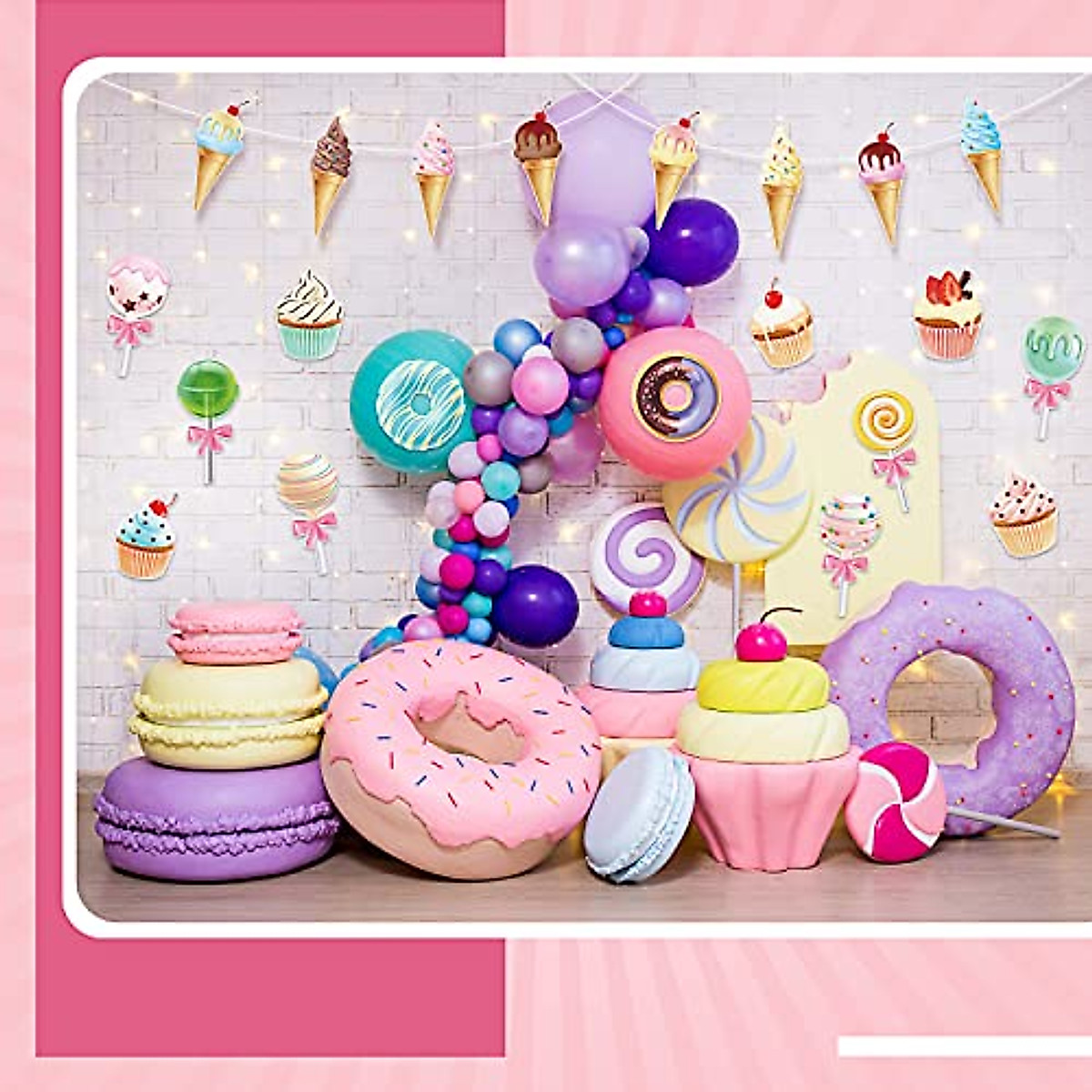 Sepamoon 32 Pcs Candy Party Decorations Includes Ice Cream Cut Outs Donuts Cutouts Round Lollipop Cupcakes Candyland with Glue Point Dots for Classroom Home Room Decor