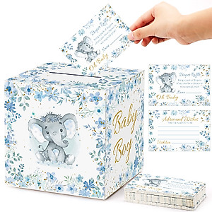 50 Pcs Elephant Diaper Raffle Tickets with Baby Shower Holder Box Baby Party Decorations Diaper Raffle Box Baby Shower Card Elephant Game Insert Card for Baby Boy Party Diaper Raffle Game Baby Shower