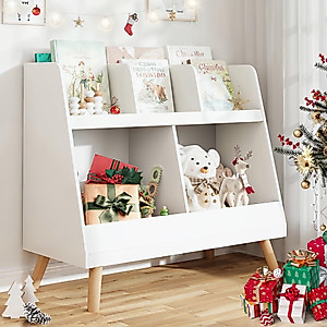 Curipeer Kids Bookshelf and Toy Organizer, 5 Cubbies Wooden Open Bookcase, 2-Tier Baby Storage Display with Legs, Free Standing Bookshelf for Playing Room, Bedroom, Nursery, Classroom, White
