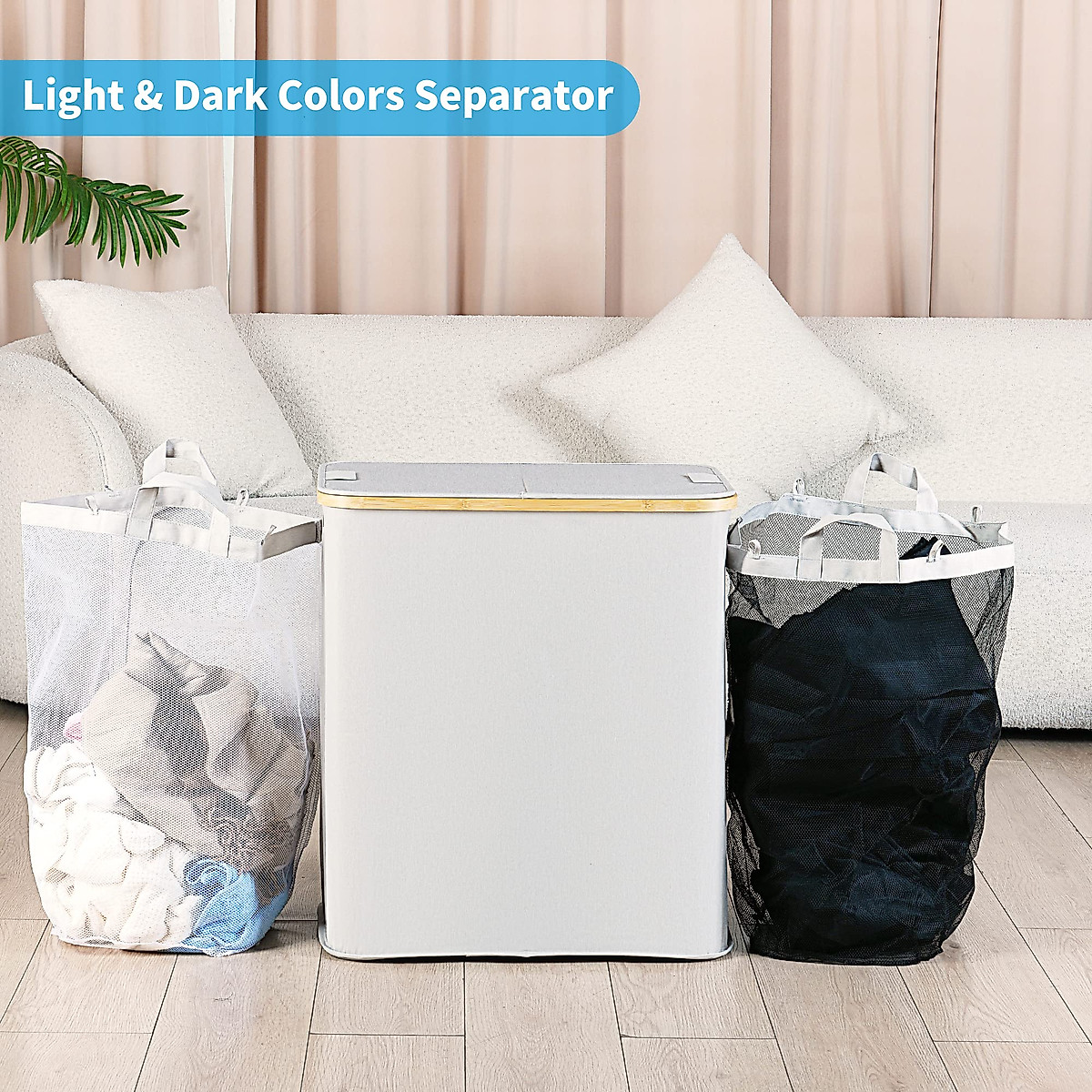 efluky Double Laundry Hamper with Lid, Divided Laundry Hamper with Removable Bags, 2 Section Dirty Clothes Basket with Handles for Bathroom, Bedroom & Laundry Room, 140L Light Grey