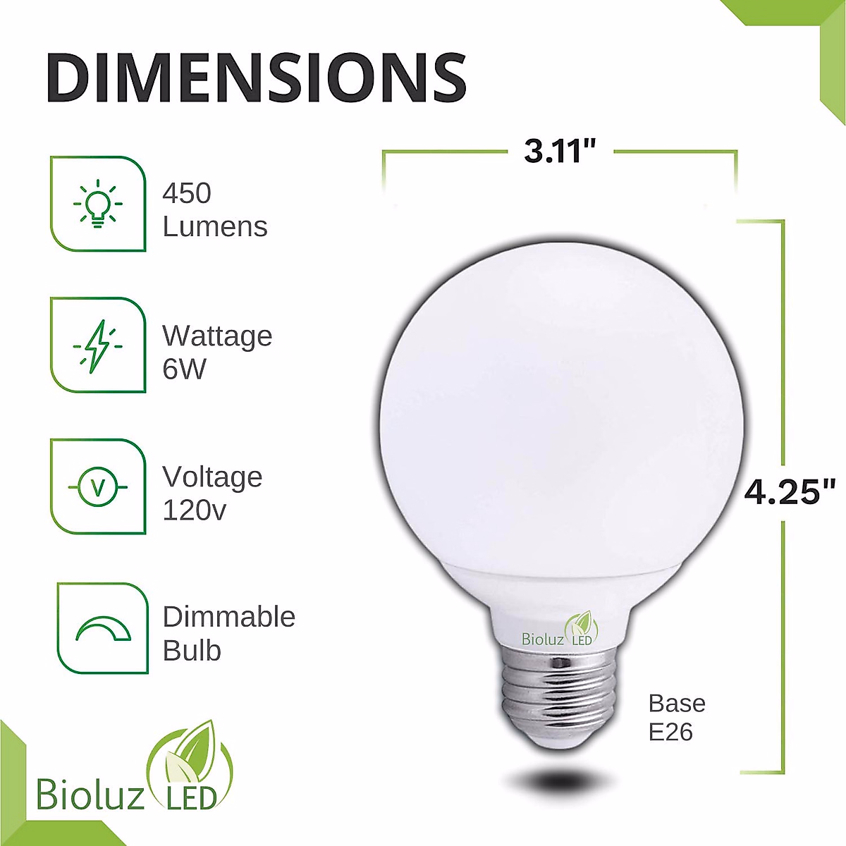 6 Pack Bioluz Dimmable Globe LED G25 Bulbs, 40 Watt Replacement (Uses 6 Watts), Warm White (2700K), 450 Lumens UL Listed - Dimming Light Bulbs for Bathroom, Soft White LED Filament Lights