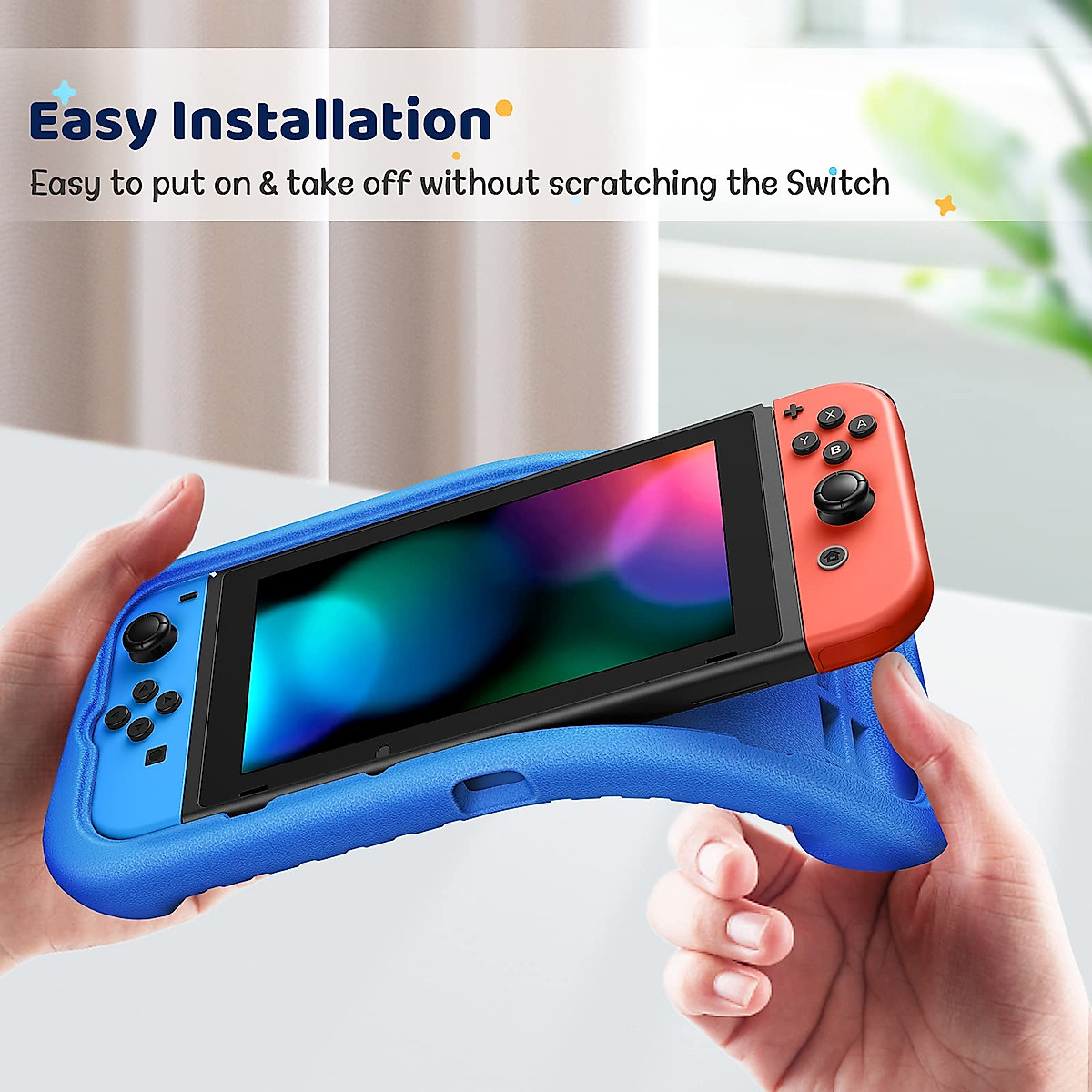 Fintie Kids Case Compatible with Nintendo Switch w/2 Game Card Slots - [Ultralight] [Shockproof] Protective Cover with Ergonomic Grip, Kids Friendly Grip Case for Switch Console (Blue)