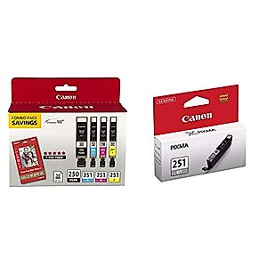 Canon PGI-250BK/CLI-251CMY Black/Color Ink Cartridges & PP-201 Paper Combo Pack and CLI-251 Gray Ink Tank (6517B001)